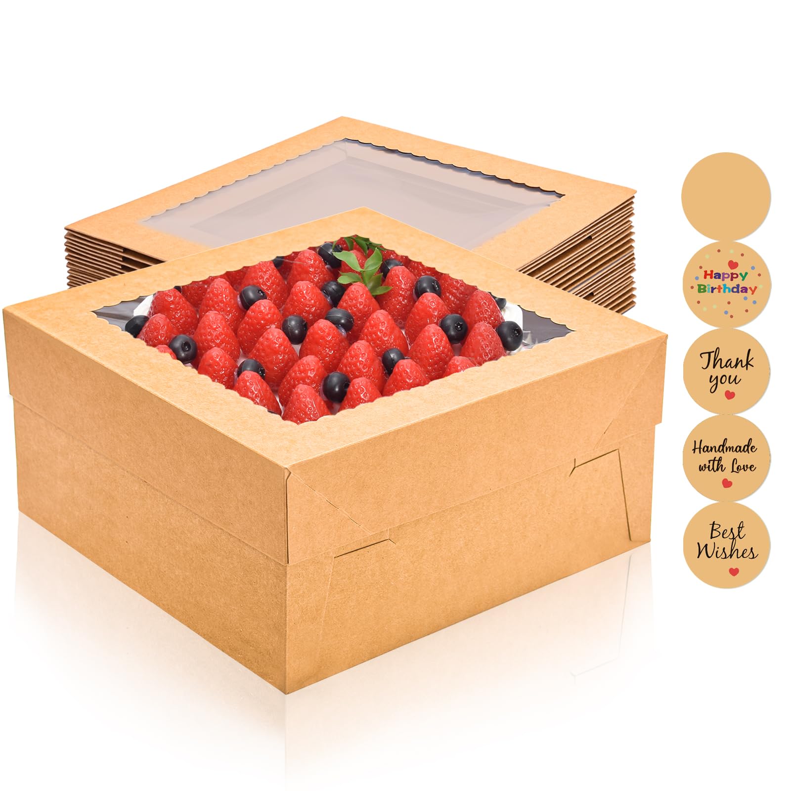 DOYIDE 16Pcs 12x12x6 Inch Cake Boxes with Window, Brown Bakery Boxes ...