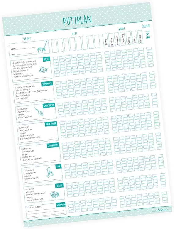 A4 Putzplan Block mint für Familien & WGs - 50 Blatt - für bis zu 8 ...
