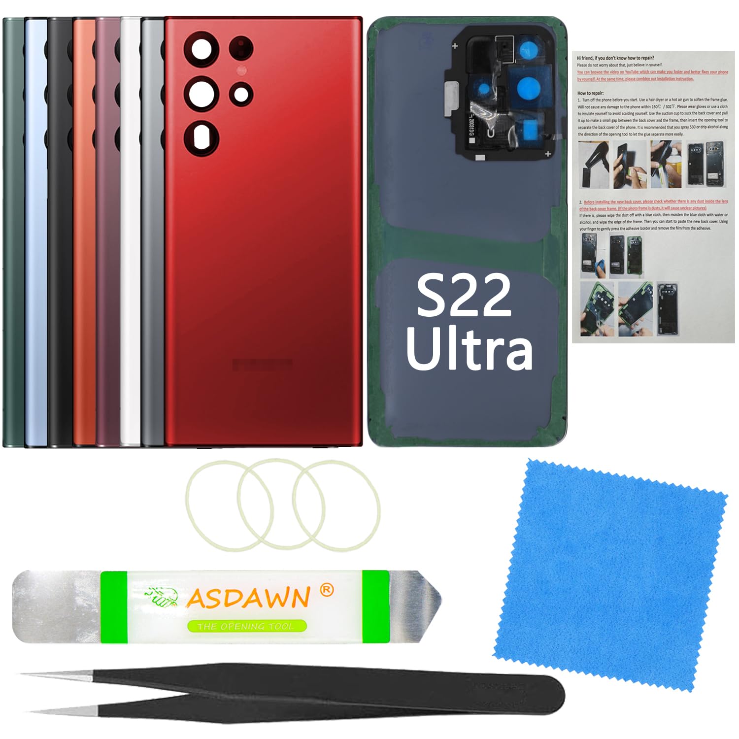 Galaxy S22 Ultra Cover Glass Replacement w/Installation Manual +Pre-Installed Camera Lens +All ...