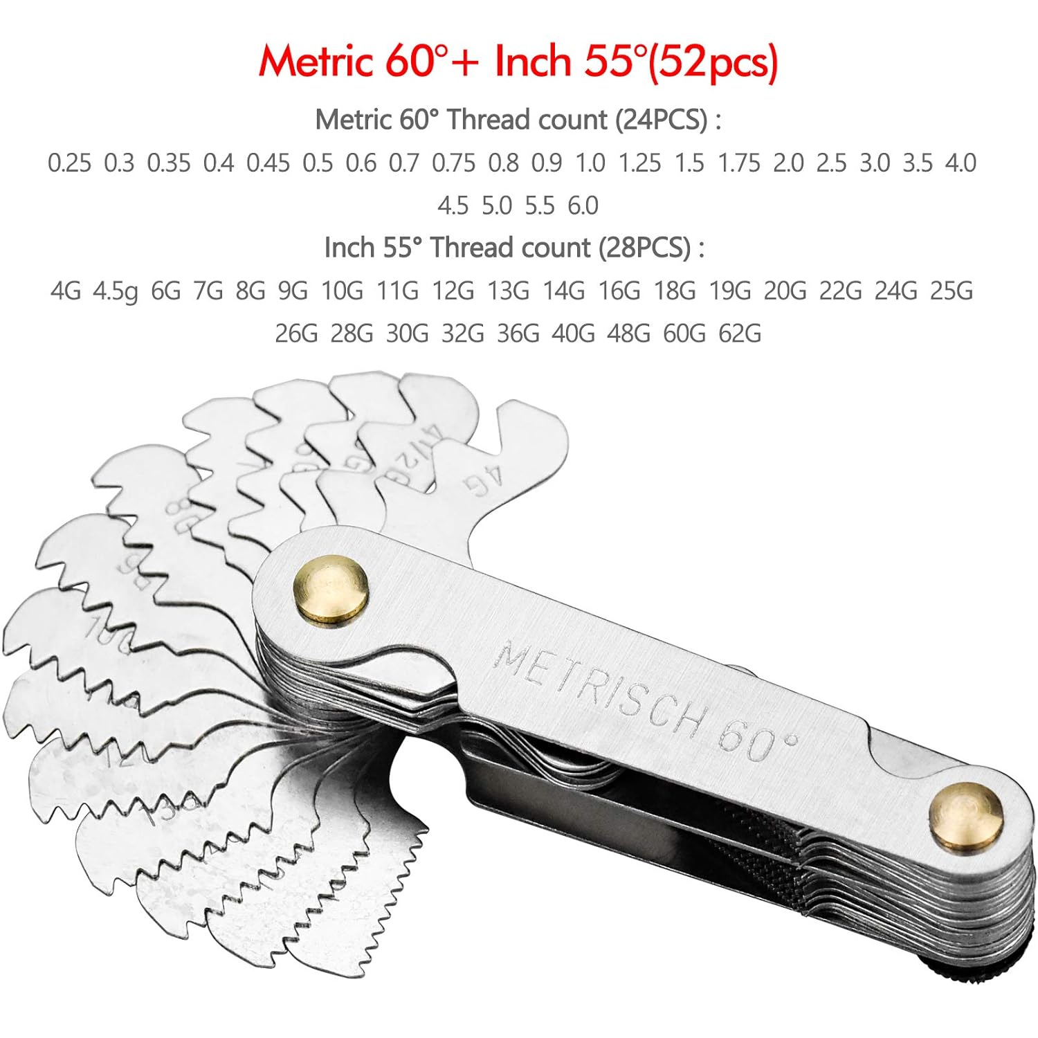 52 Pcs Stainless Steel Screw Thread Gauge Tool, 60°/55° Metric and ...