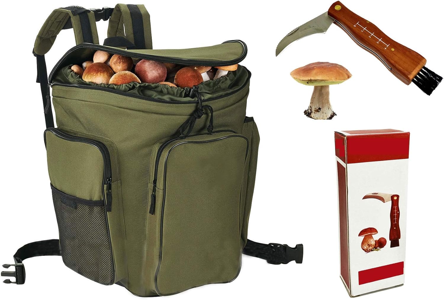 Coltello + Cesto zaino in vimini porta funghi verde gerla cesta ...