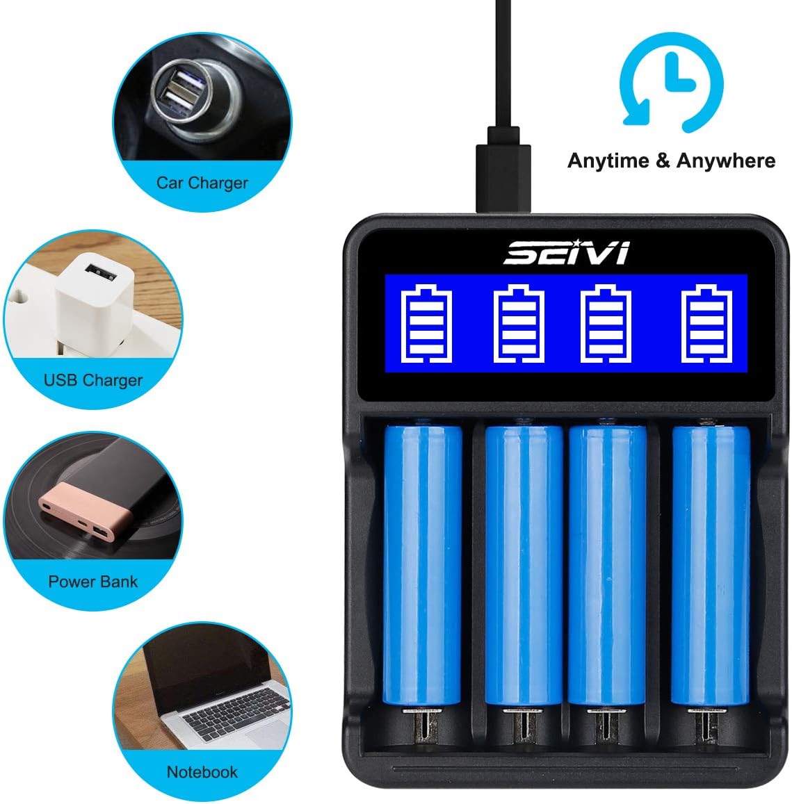 18650 Battery Charger, SEIVI LCD Display Universal Smart Charger for ...