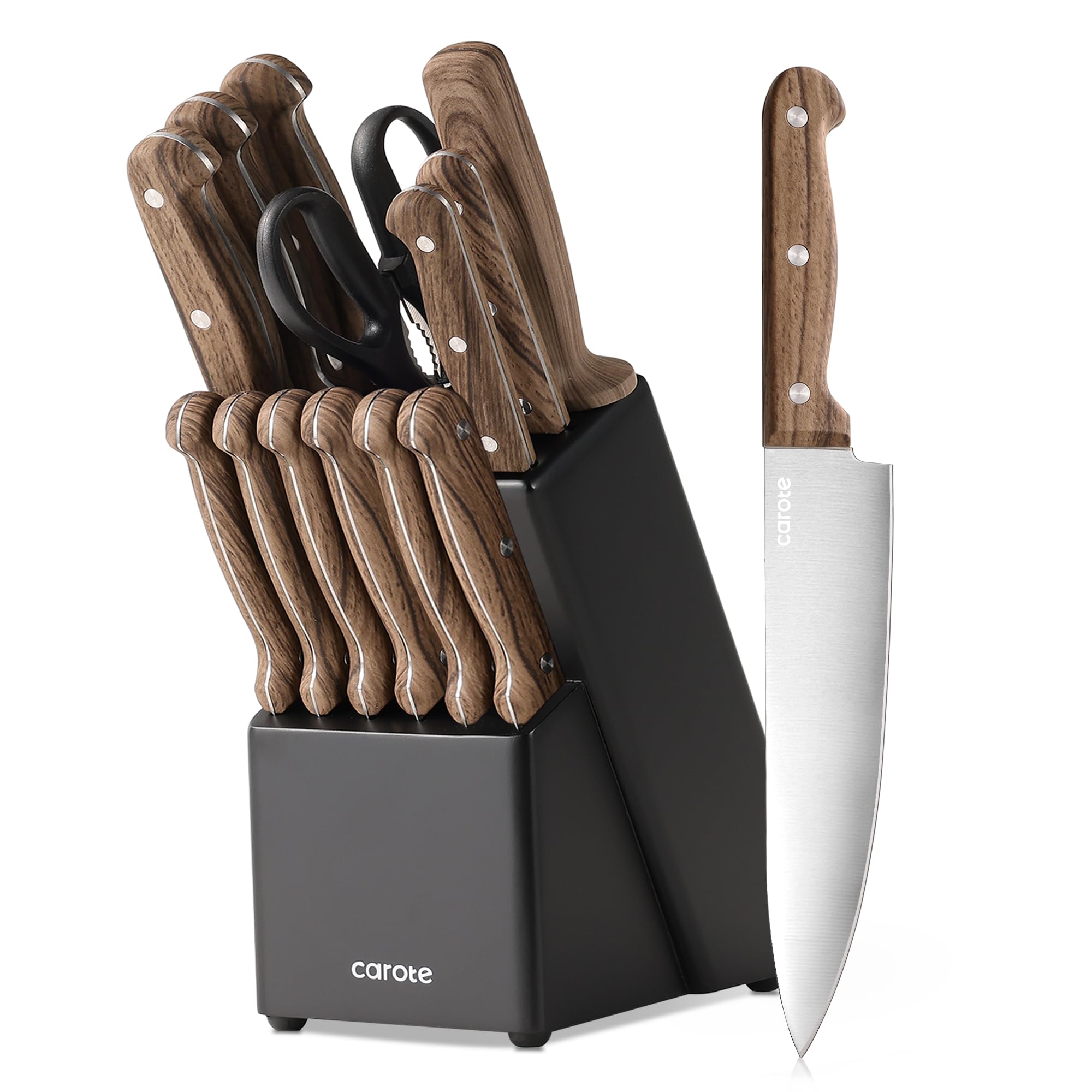 CAROTE 14PCS Knife Block Set, Kitchen Knife Set with Block and ...