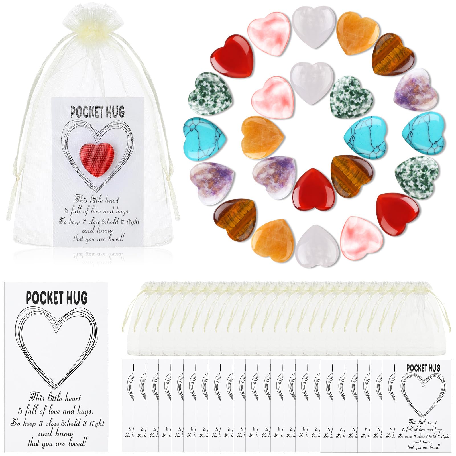 Motiskyy Pocket Hug Token Bulk Natural Heart Crystal Hug Card Organza ...