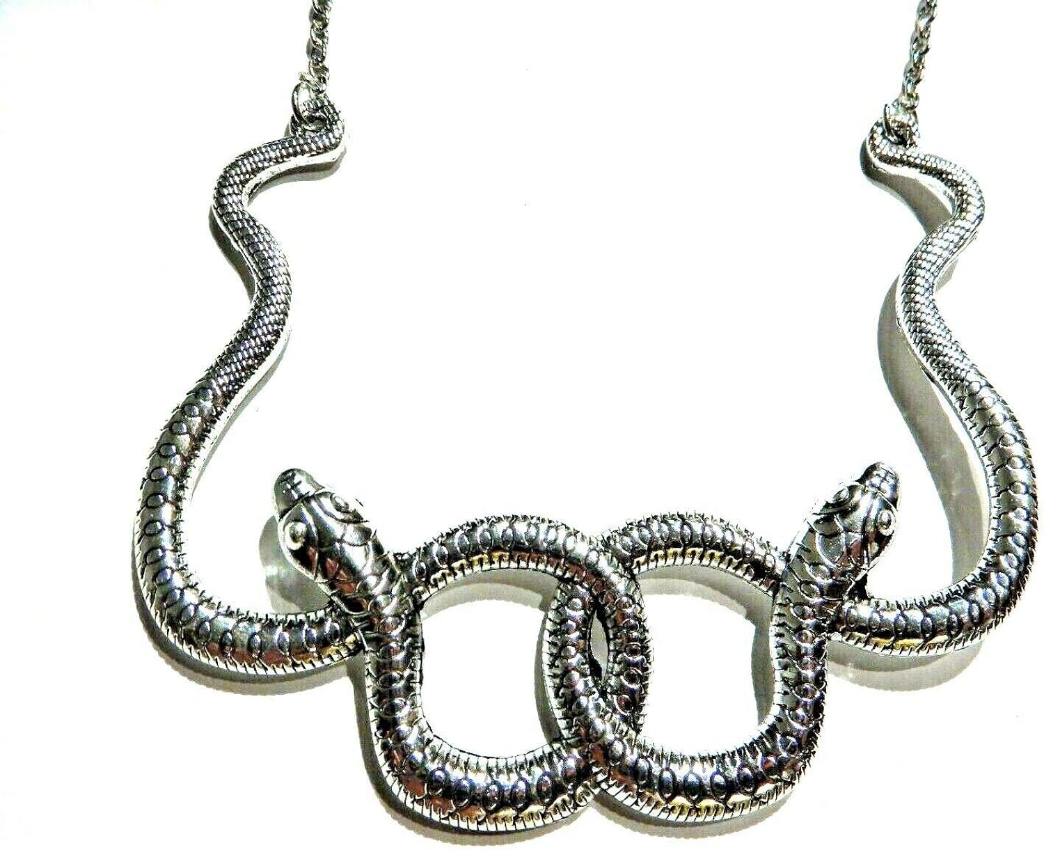 Amazon.com: Double Snake Bib Necklace Silvertone Coiled Serpent Pendant ...