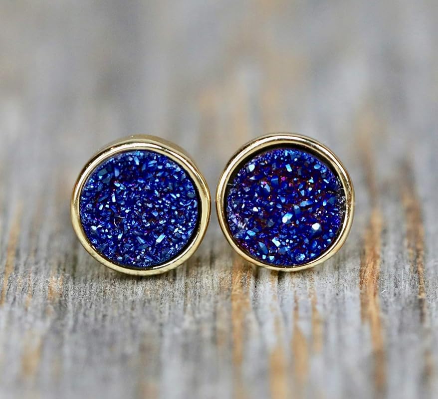 Amazon.com: Dark Blue Druzy Stud Earring Genuine Druzy Quartz Gemstone ...