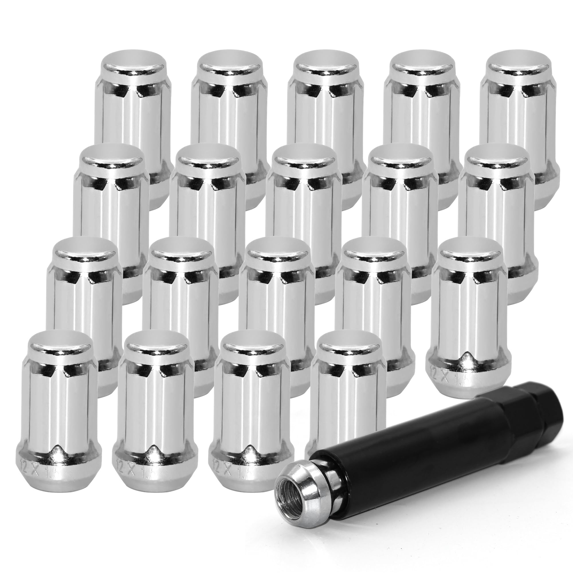 LUJIANI 20 PCS M12x1.5 Chrome Lug Nuts, 1.35" Tall Hex Trailer Lug Nuts, 60 Degree Conical Cone ...