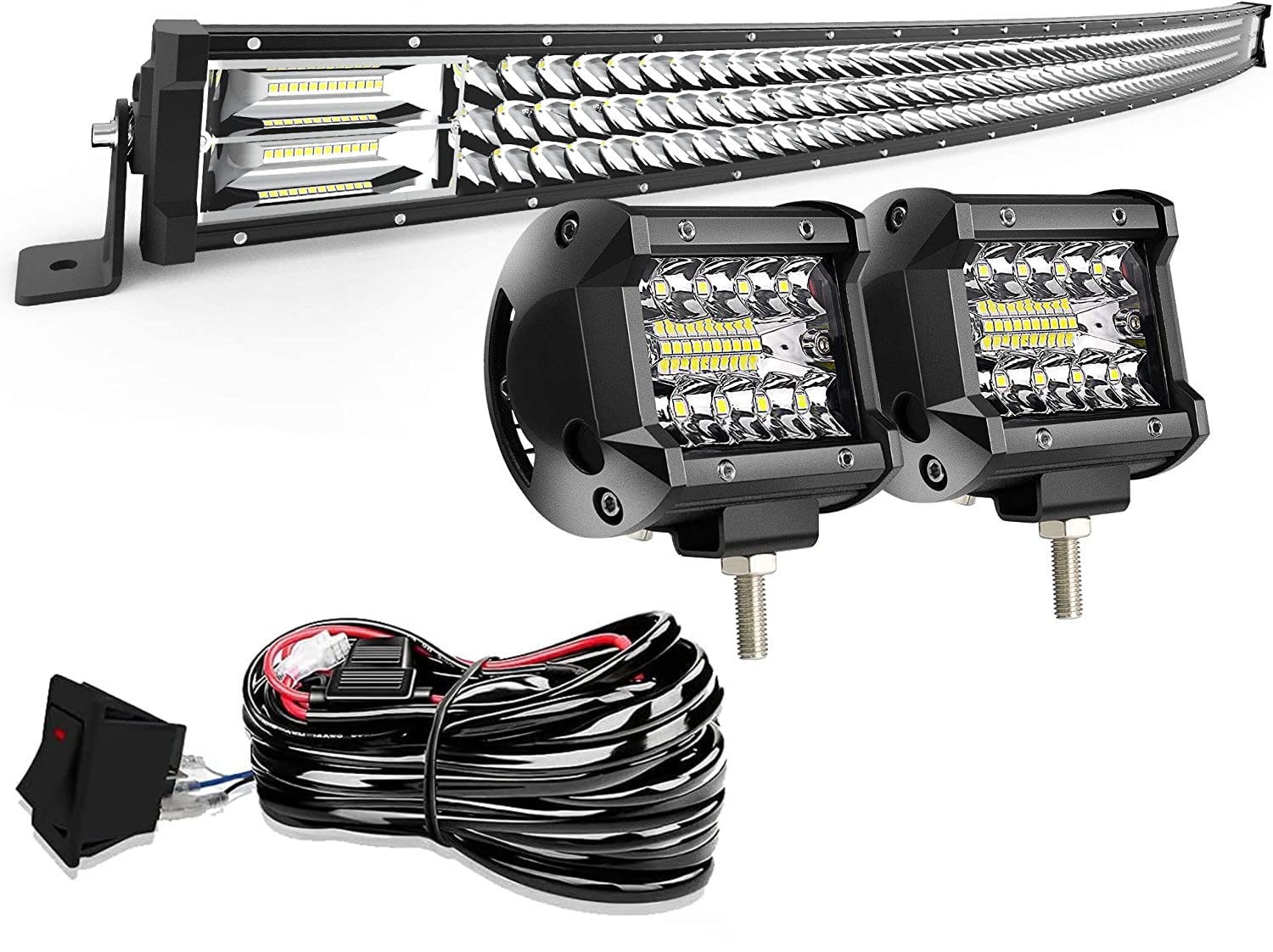 LED Light Bar AUSI 50" Curved 684W Triple Row Light Bars + 2PCS 4in 60W ...