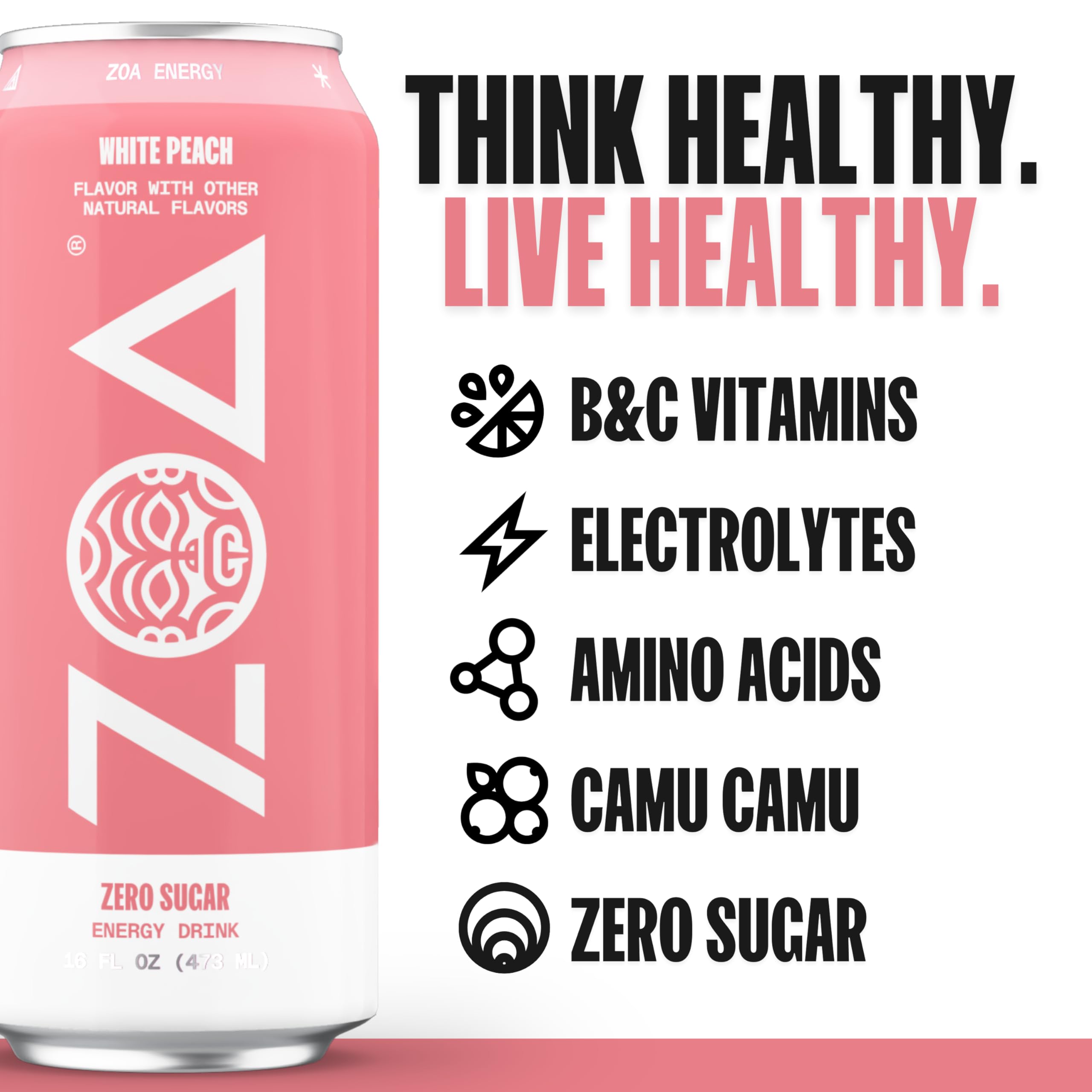 Mua ZOA Zero Sugar Energy Drinks, White Peach - Sugar Free with ...