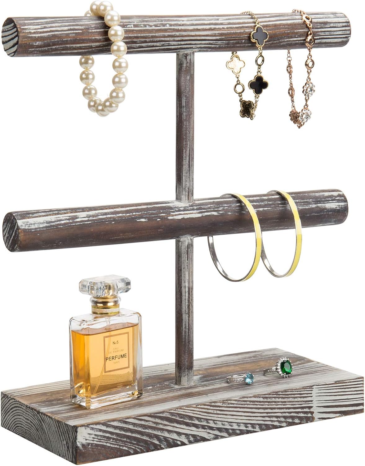 Amazon.com: MyGift Rustic Torched Brown Wood 2 Tier Jewelry Tower ...