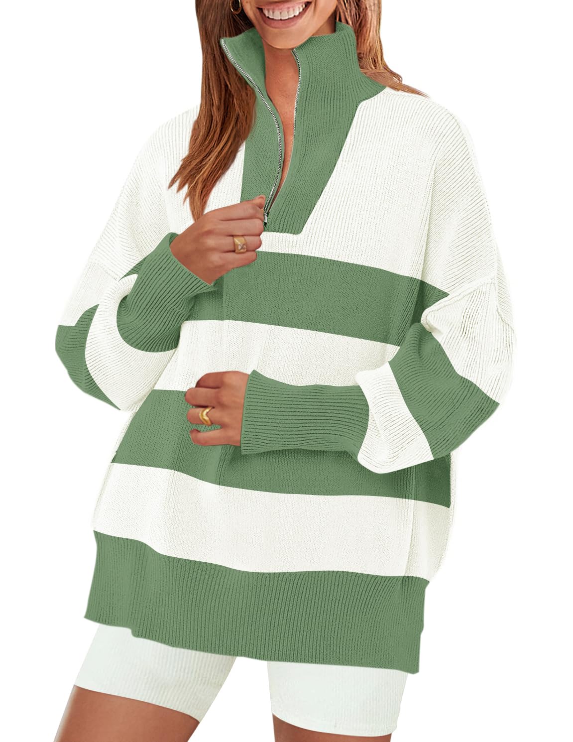 ZESICA Women's Striped Sweaters Half Zipper Long Sleeve Ribbed Knit ...