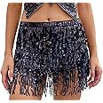 Amazon.com: Women Black Sequin Skirt with Sparkly Fringe Rave Costume Halloween Belly Dance Hip ...