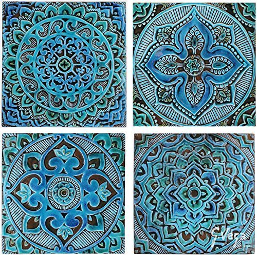 Amazon.com: 4 Mandala decorative tiles 11.8" (30cm) glazed in turquoise ...
