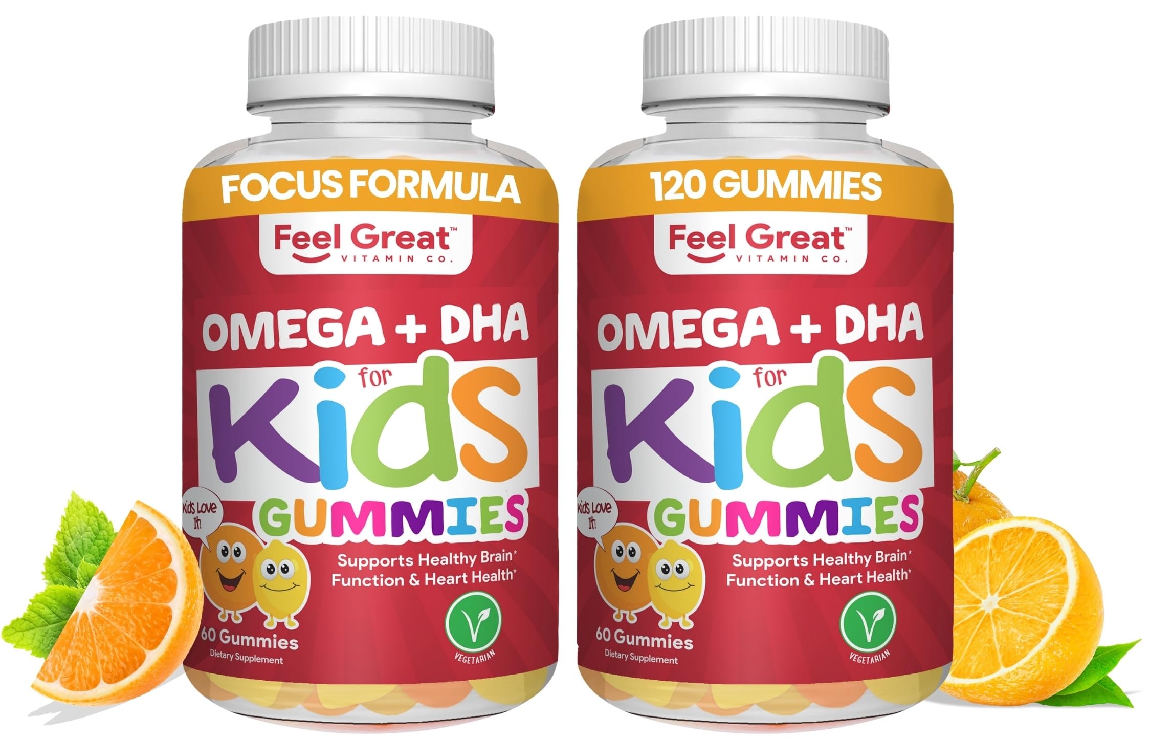 Feel Great Vitamins Kids DHA Gummies with Omega 3 6 9, Vitamin C (2 ...