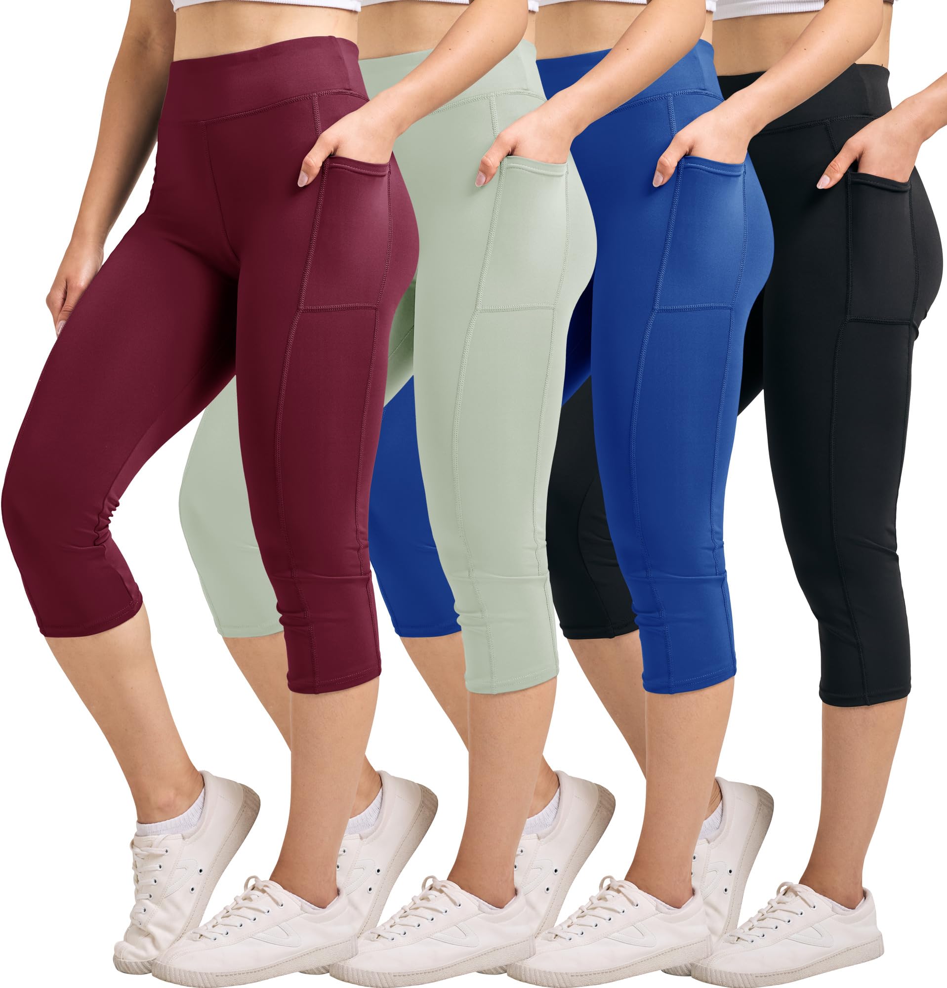 Real Essentials 4-Pack: Womens Capri Leggings Yoga Pants Pants Women ...