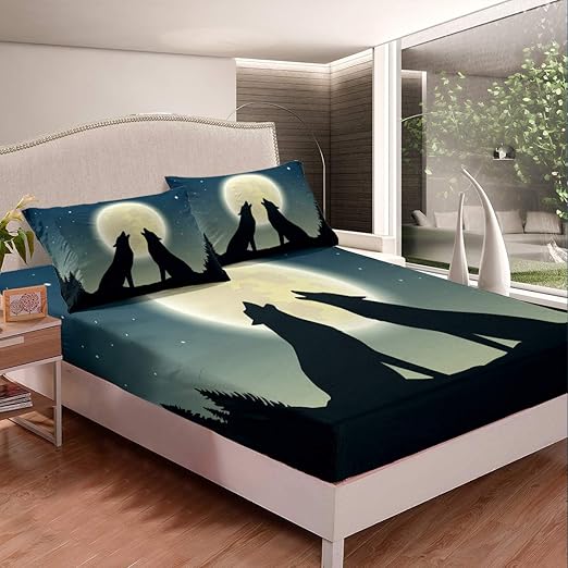 Wolf Bed Sheet Set Howling Wolf Couple Bed Sheets for Kids Boys Girls ...