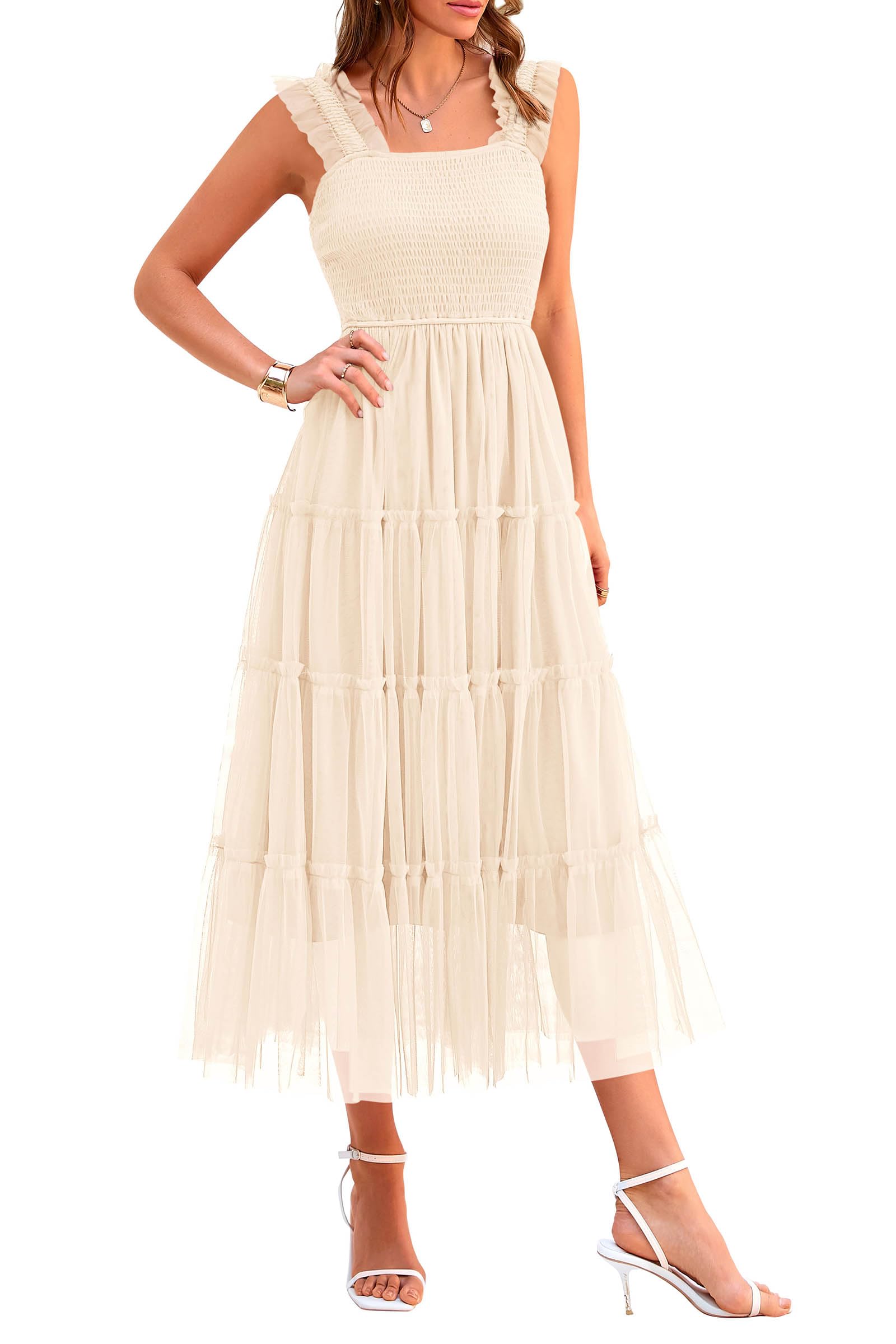 PRETTYGARDEN Women's Summer Midi Tulle Dress Sleeveless Smocked Square ...