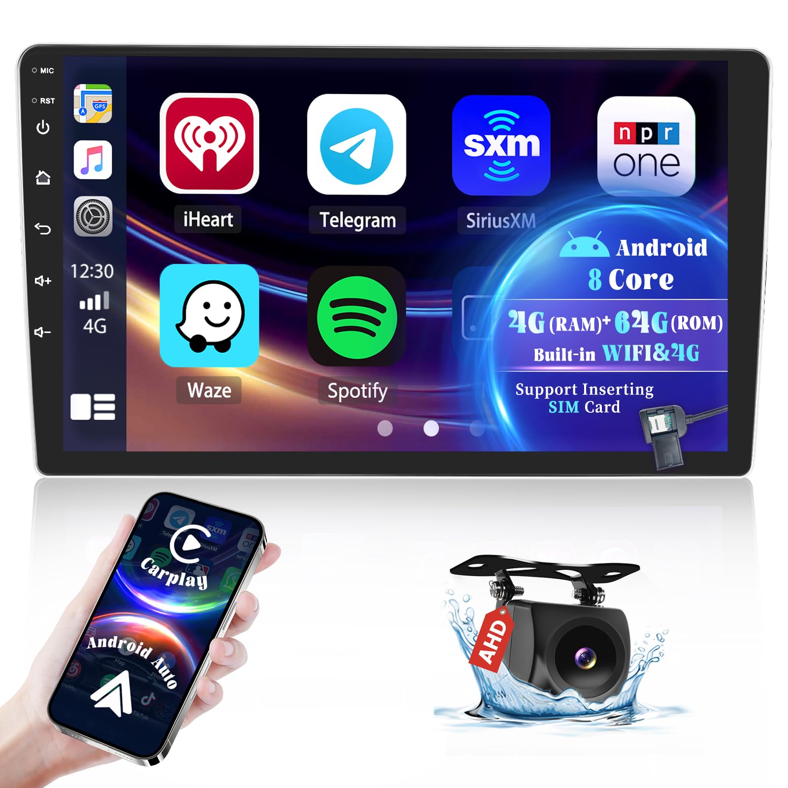 Hikity 8 Core 4+64G Android 13 Car Stereo [Support SIM Card] Double Din Wireless Carplay Android ...