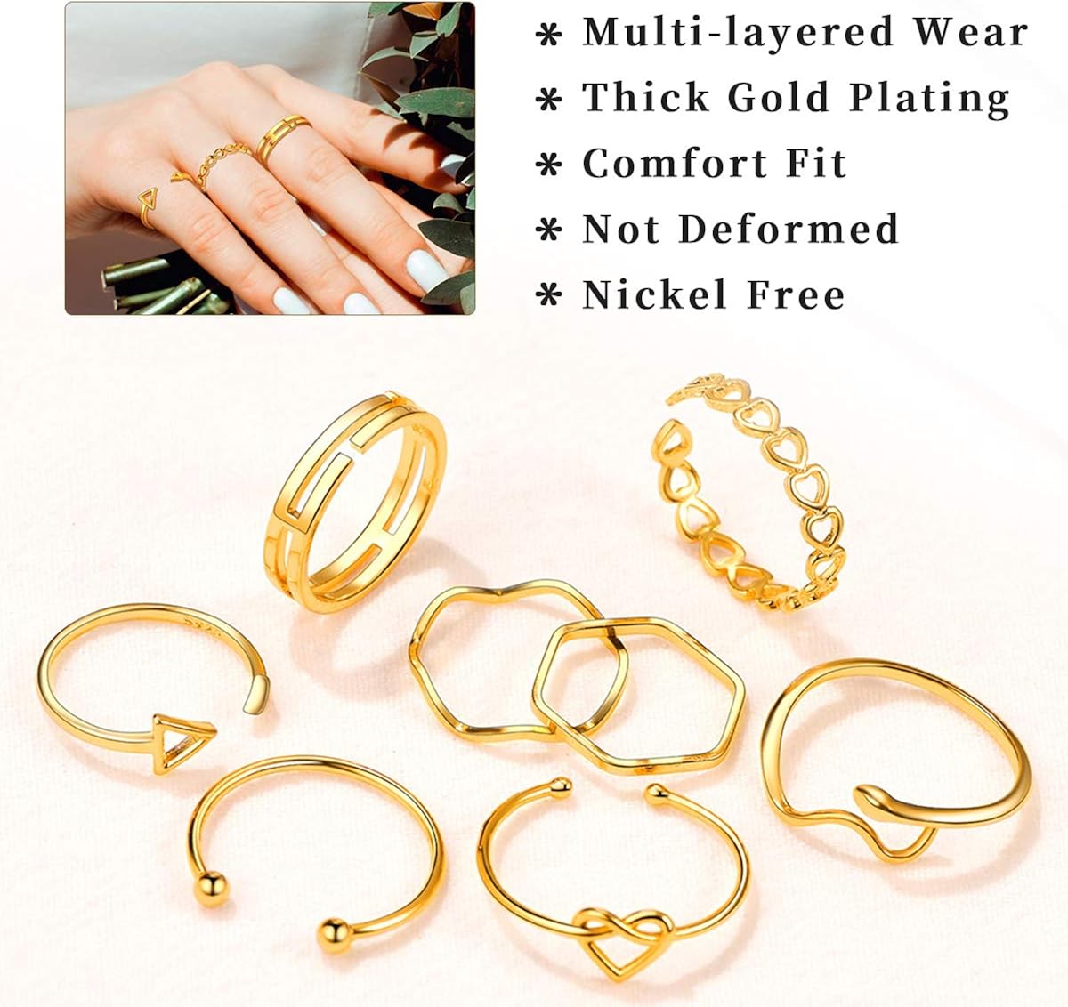 FOCALOOK 6-9PCS Stackable Rings Set for Women Teens 18K Gold Plated ...
