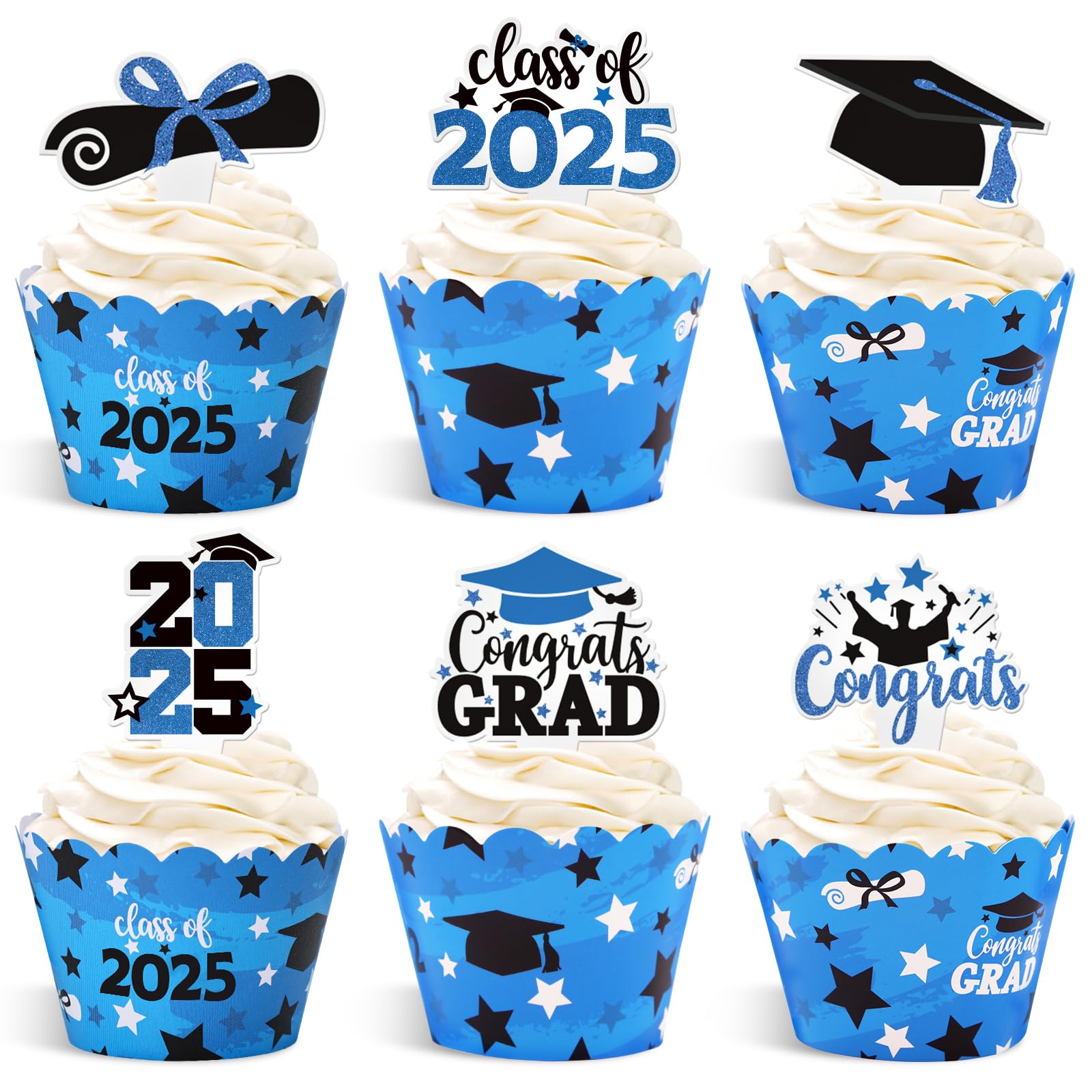 2025 Graduation Cupcake Toppers & Wrappers Blue Graduation Party ...