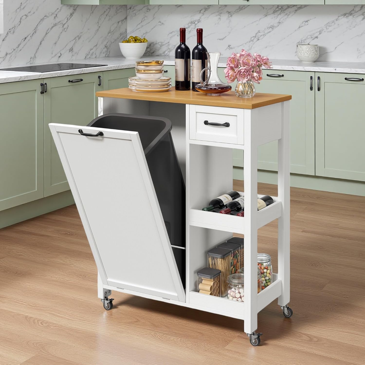 DWVO Rolling Kitchen Island Cart, Tilt-Out Trash Can Cabinet, Kitchen ...