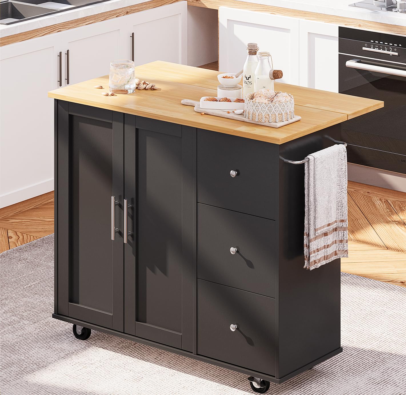 SUNLEI Kitchen Island on Wheels with Storage Cabinet & Foldable Drop ...