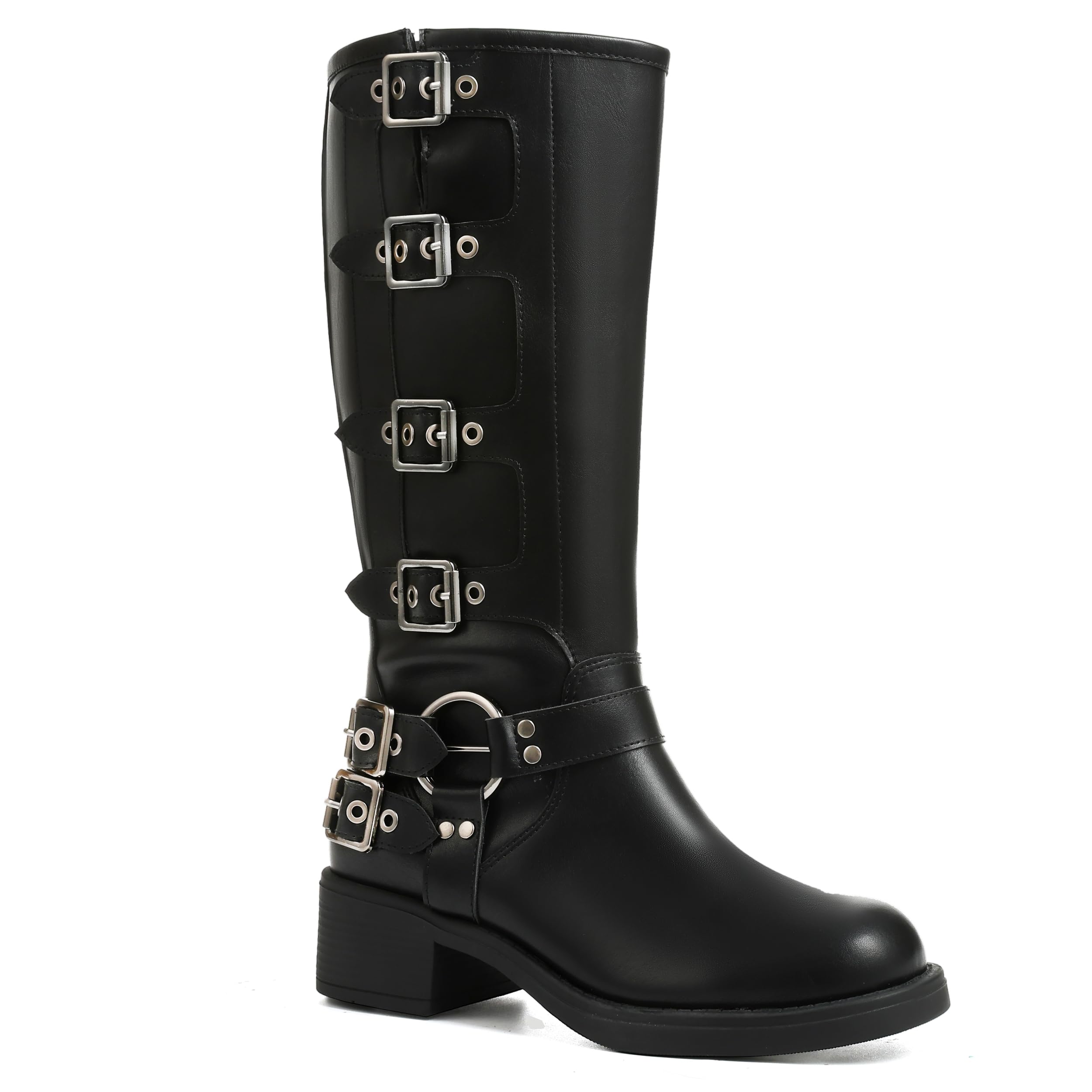 AMINUGAL Black Knee High Boots Women Square Toe Pull On Boots Wide Calf Riding Boots Festival ...