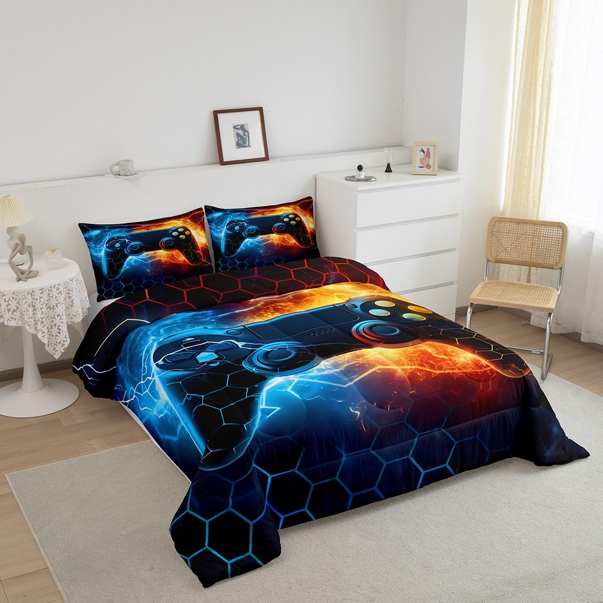 Boys Blue Red Gamer Comforter Set Full Size, Honeycomb Gaming Comforter ...