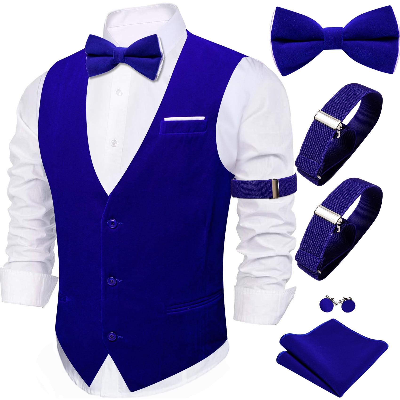 Barry.Wang Men's Royal Blue Velvet Vests Formal Waistcoat Bowtie Set ...