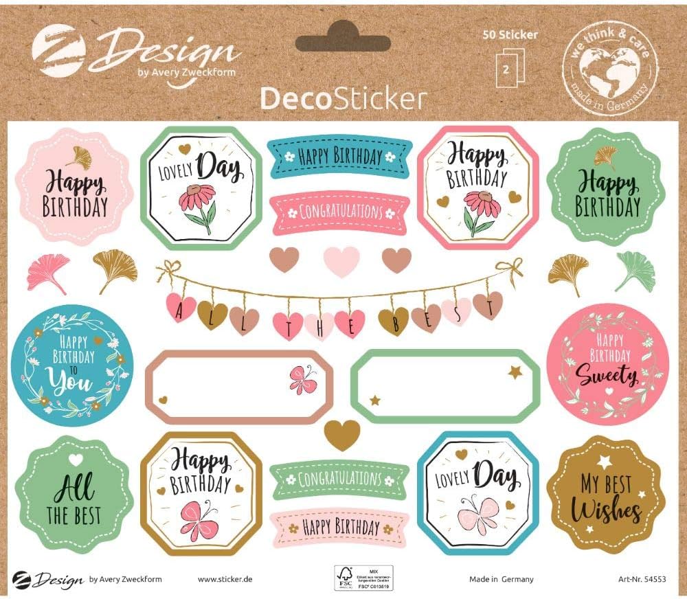 AVERY Zweckform Sticker Geburtstag 50 Aufkleber Happy Birthday ...