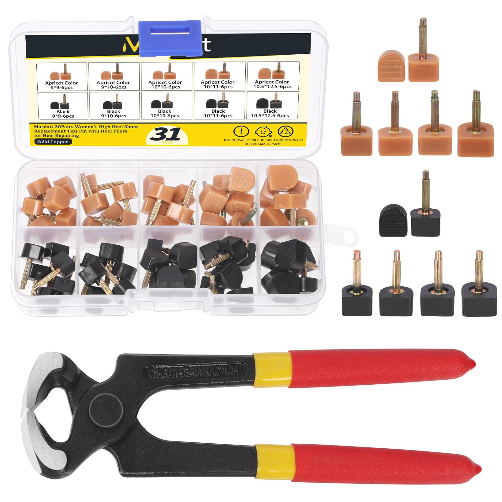 Mardatt 30 Pairs 5 Sizes High Heel Replacement Tips Pin Kit with 6 ...