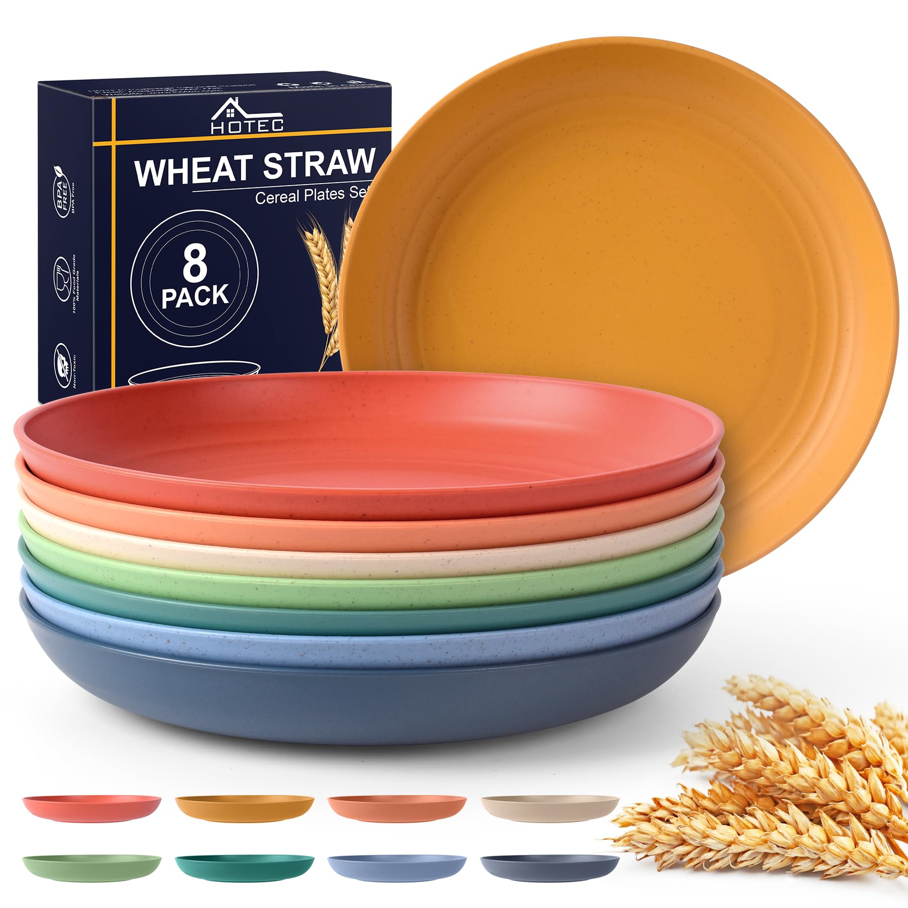 HOTEC 10inch Unbreakable Deep Dinner Plates, Set of 8 Wheat Straw ...