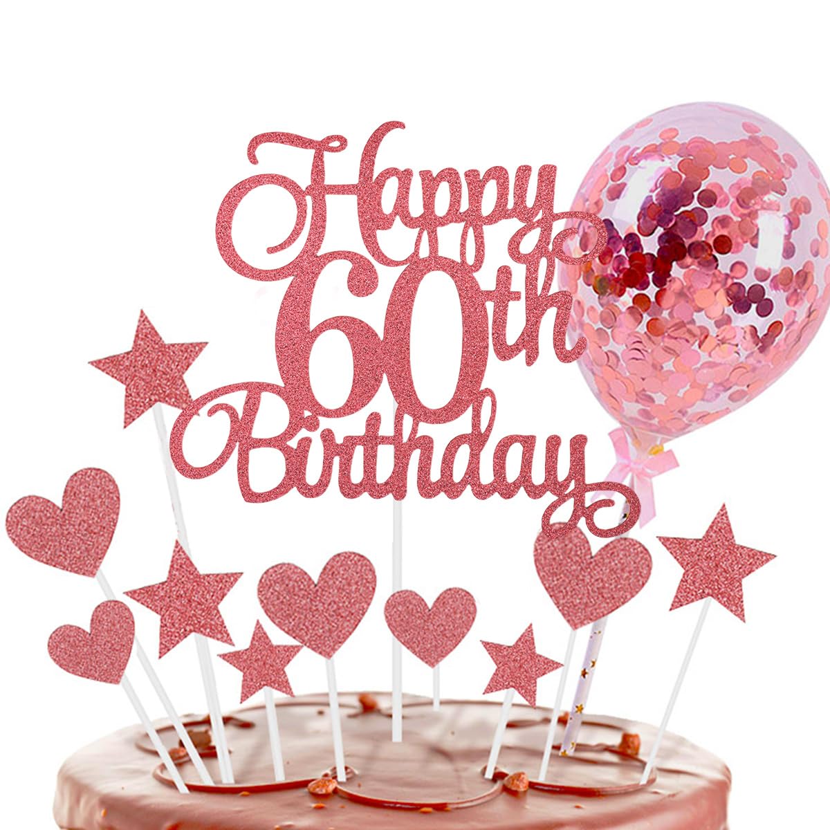 60th Birthday Cake Topper, Rose Gold Glitter Happy 60th Birthday Cake ...