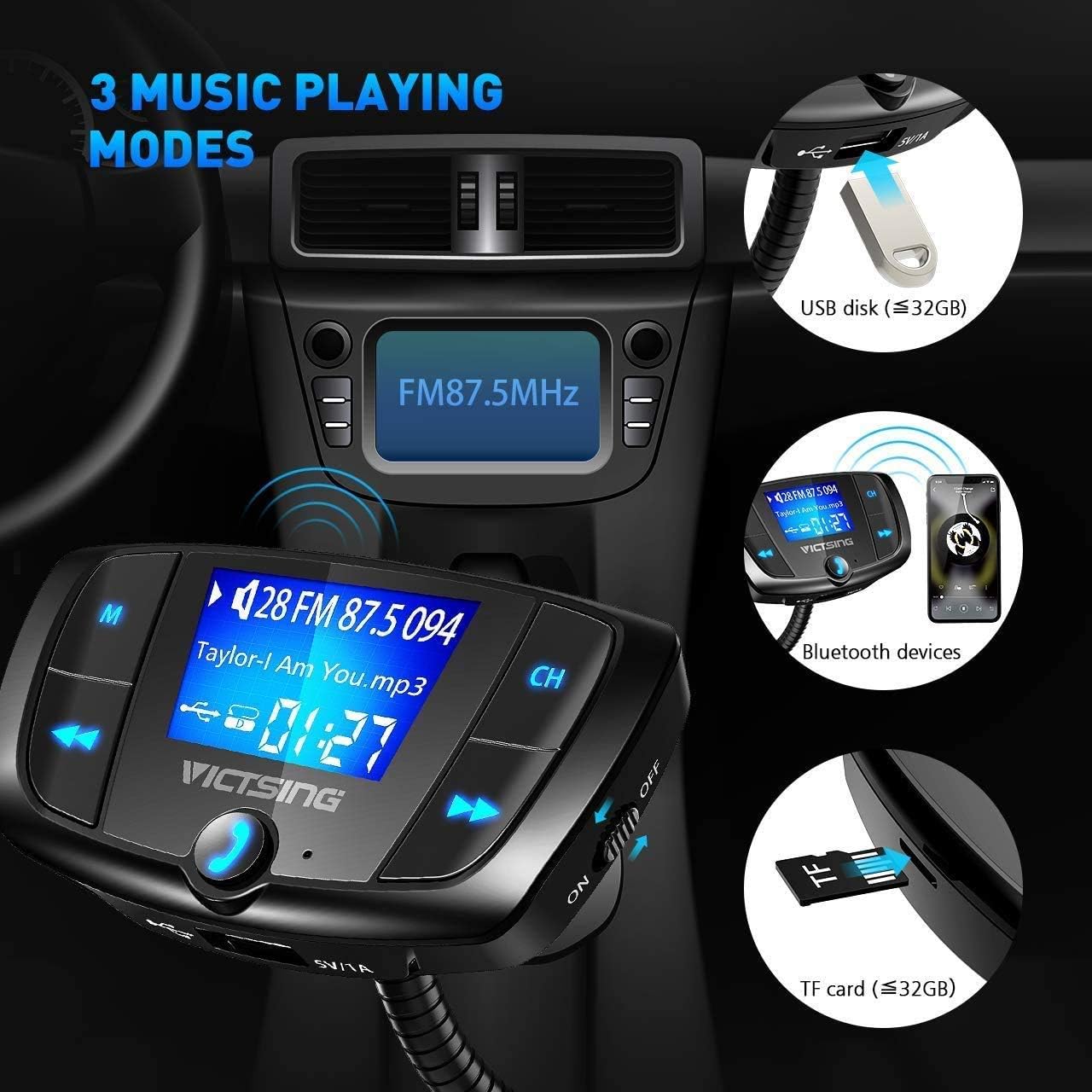 VicTsing (Upgraded Version) QC3.0 Bluetooth FM Transmitter for Car ...