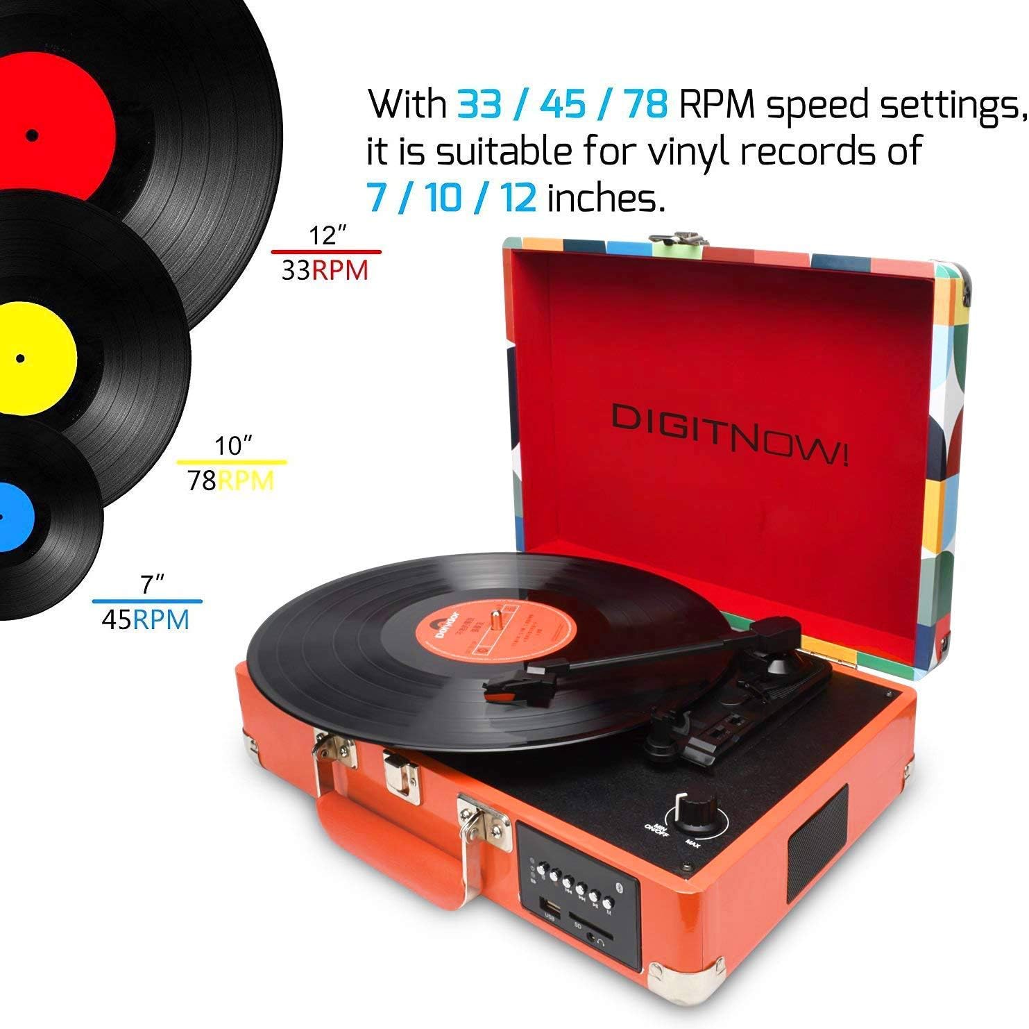 Bluetooth Record Player Belt-Drive 3-Speed Turntable Built-in Stereo ...