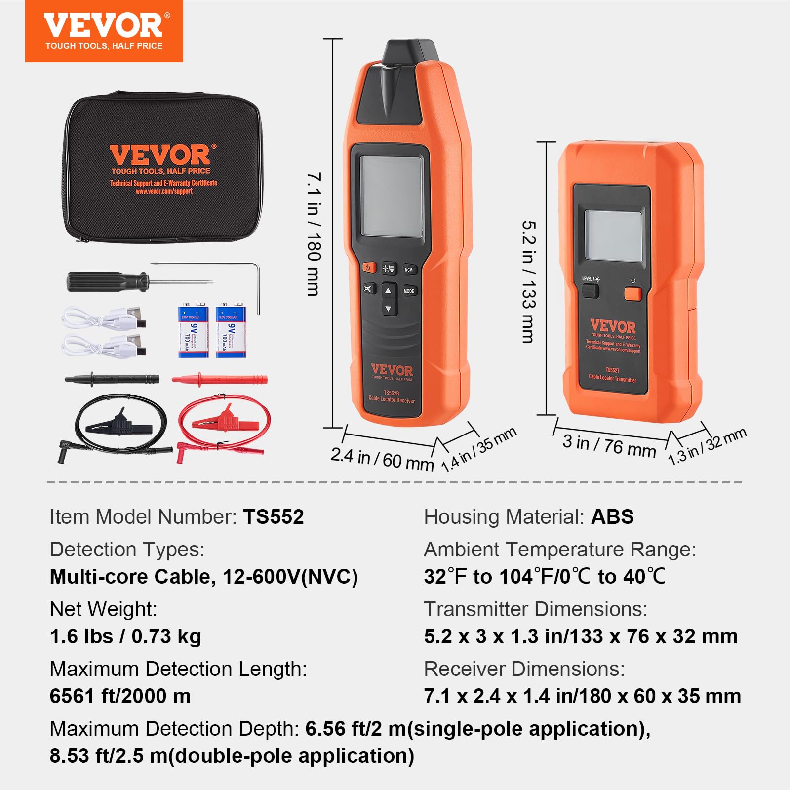 VEVOR Underground Cable Locator, 8 Ft Max Detect Depth Cable Tester, 12 ...