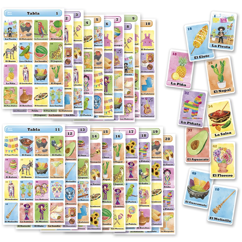 Loteria Fiesta Mexican Bingo Game Set in Spanish for 20 Players - 20 ...
