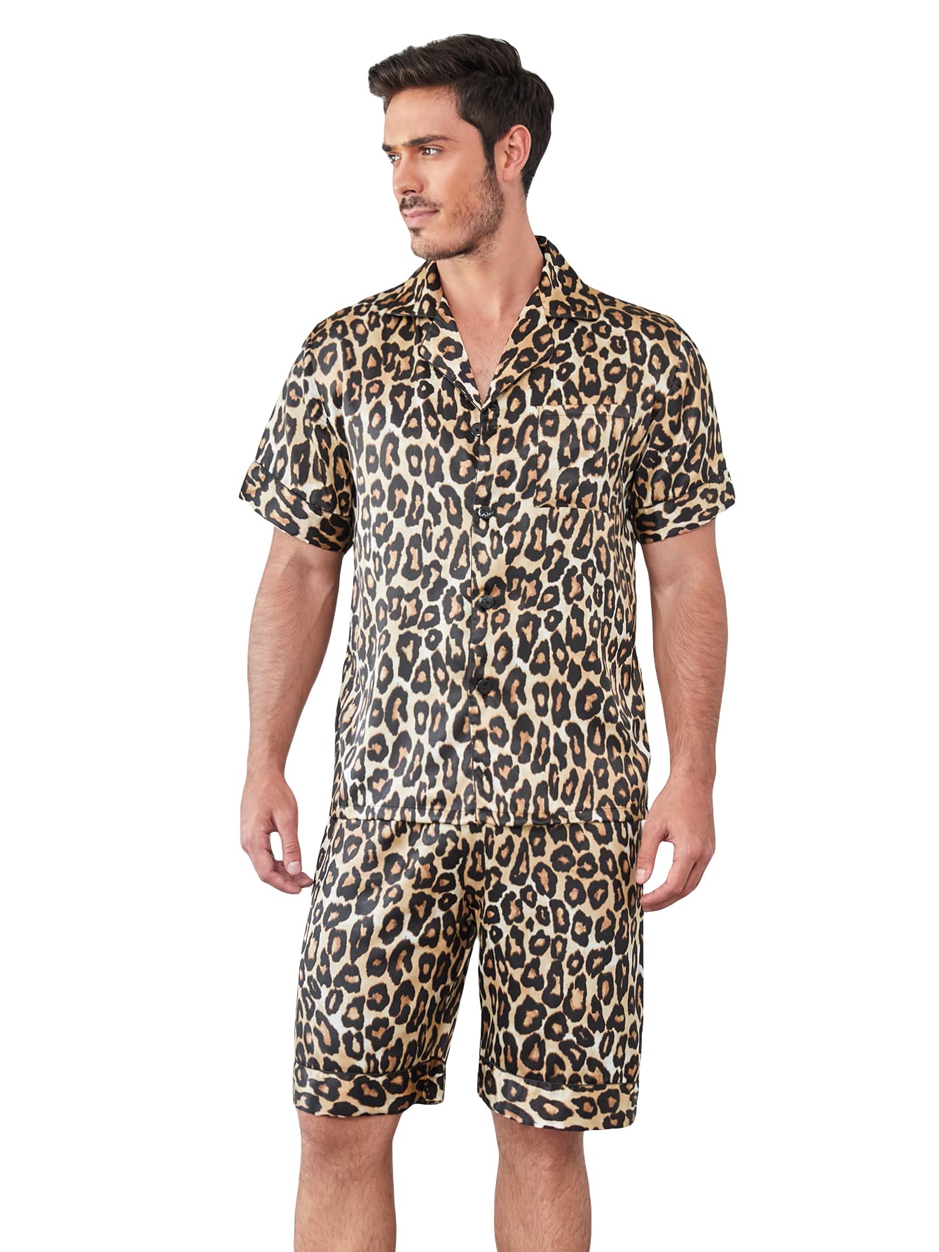 OYOANGLE Men's 2 Piece Leopard Print Stain Short Sleeve Button Front ...