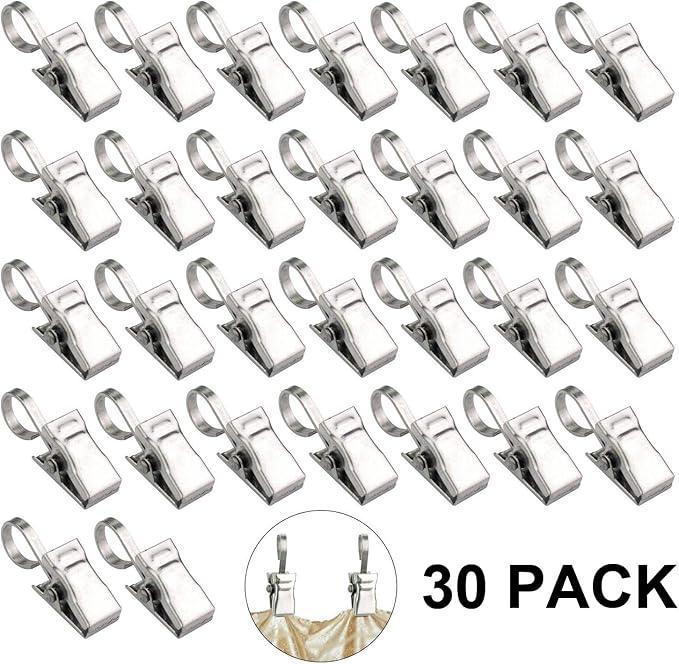 LERTREE 30PCS Heavy Duty Stainless Steel Metal Clips w/Hook for Curtain ...