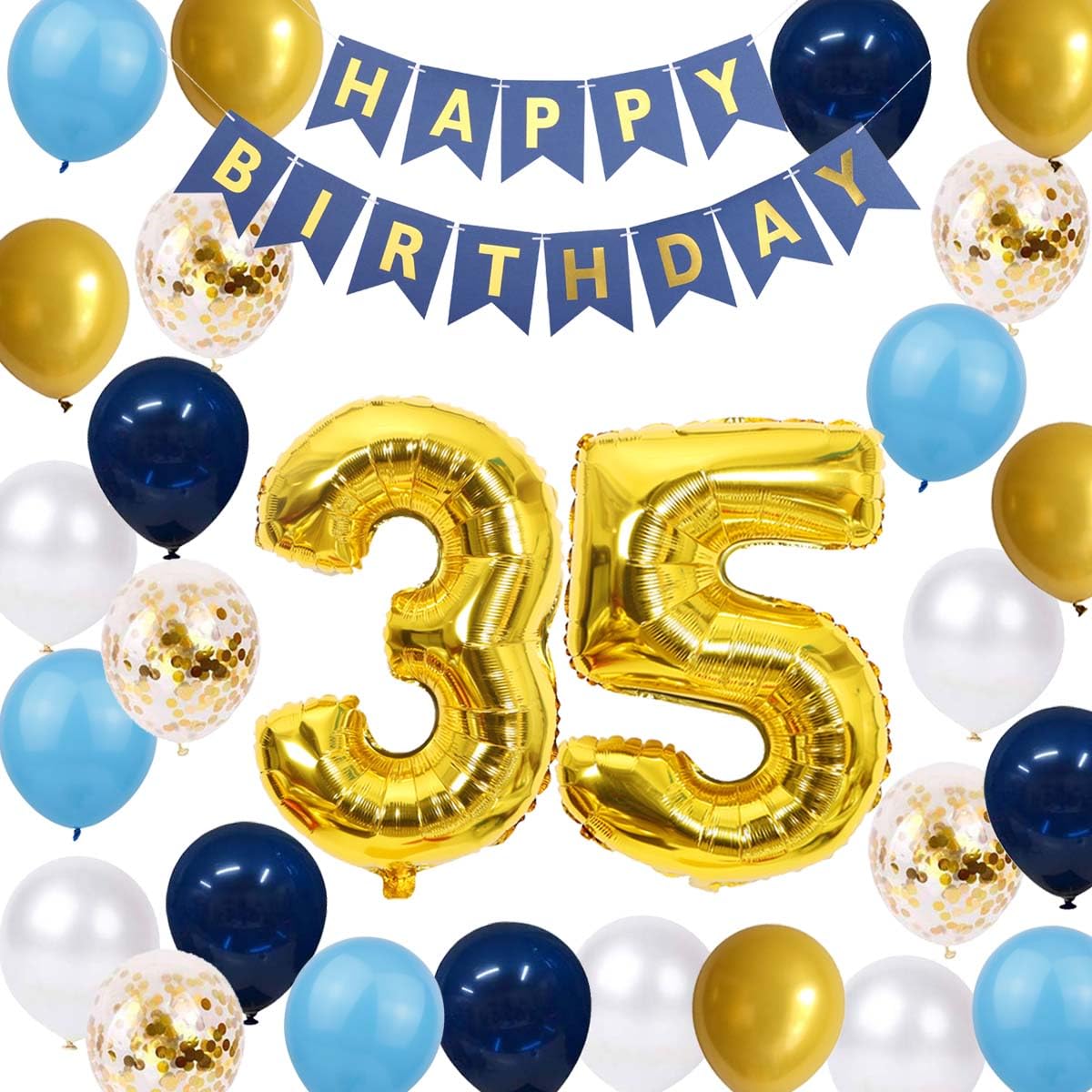35th Birthday Decorations Blue Gold for Men, Happy 35th Birthday Banner ...