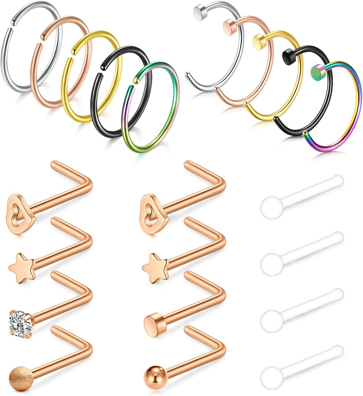 incaton 22 Piezas Piercing Nariz Anillo Stud 20G Acero Inoxidable ...