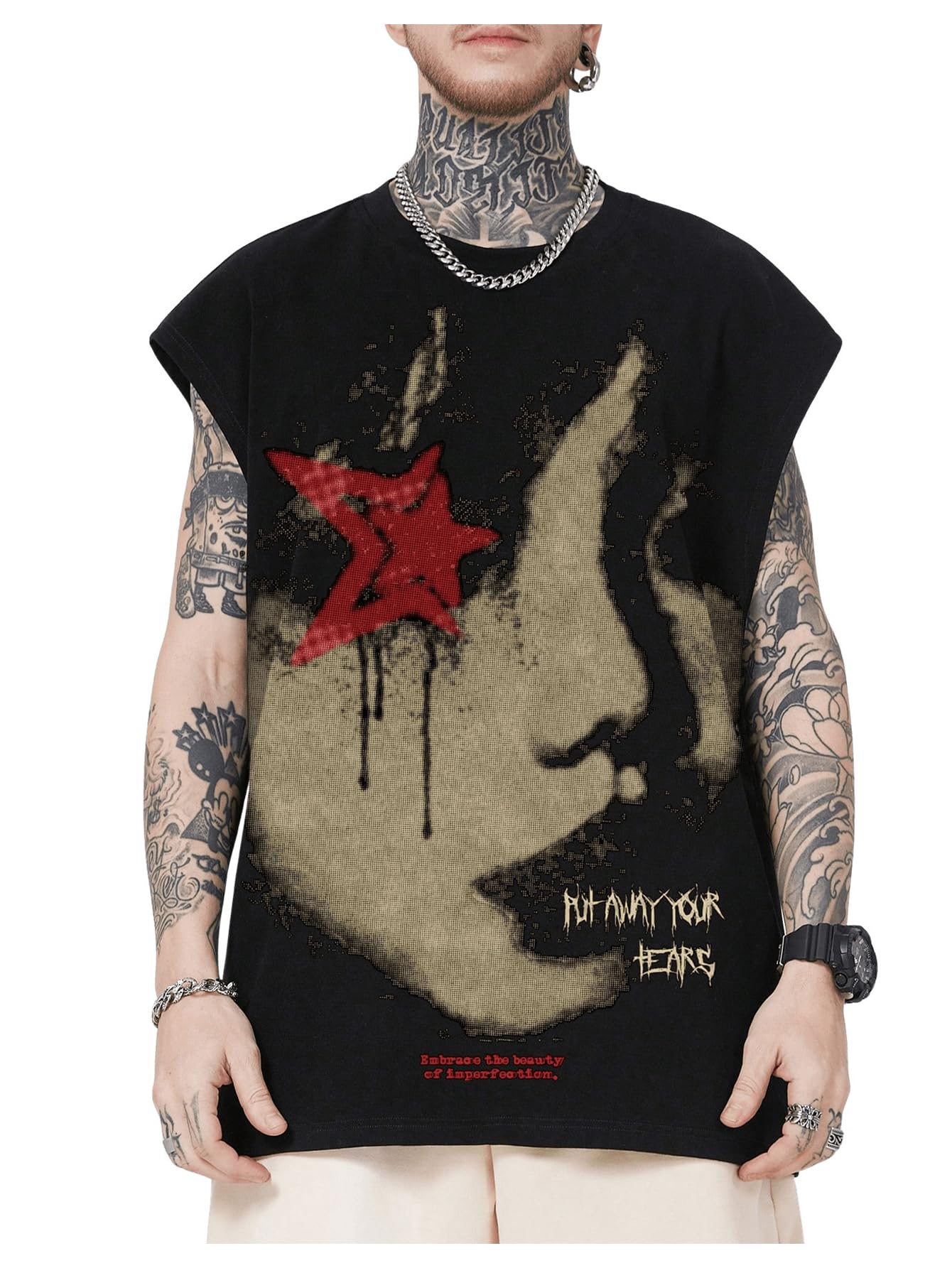 VIPWOLF Men's Face Graphic Y2k Tank Tops Star Print Crew Neck ...