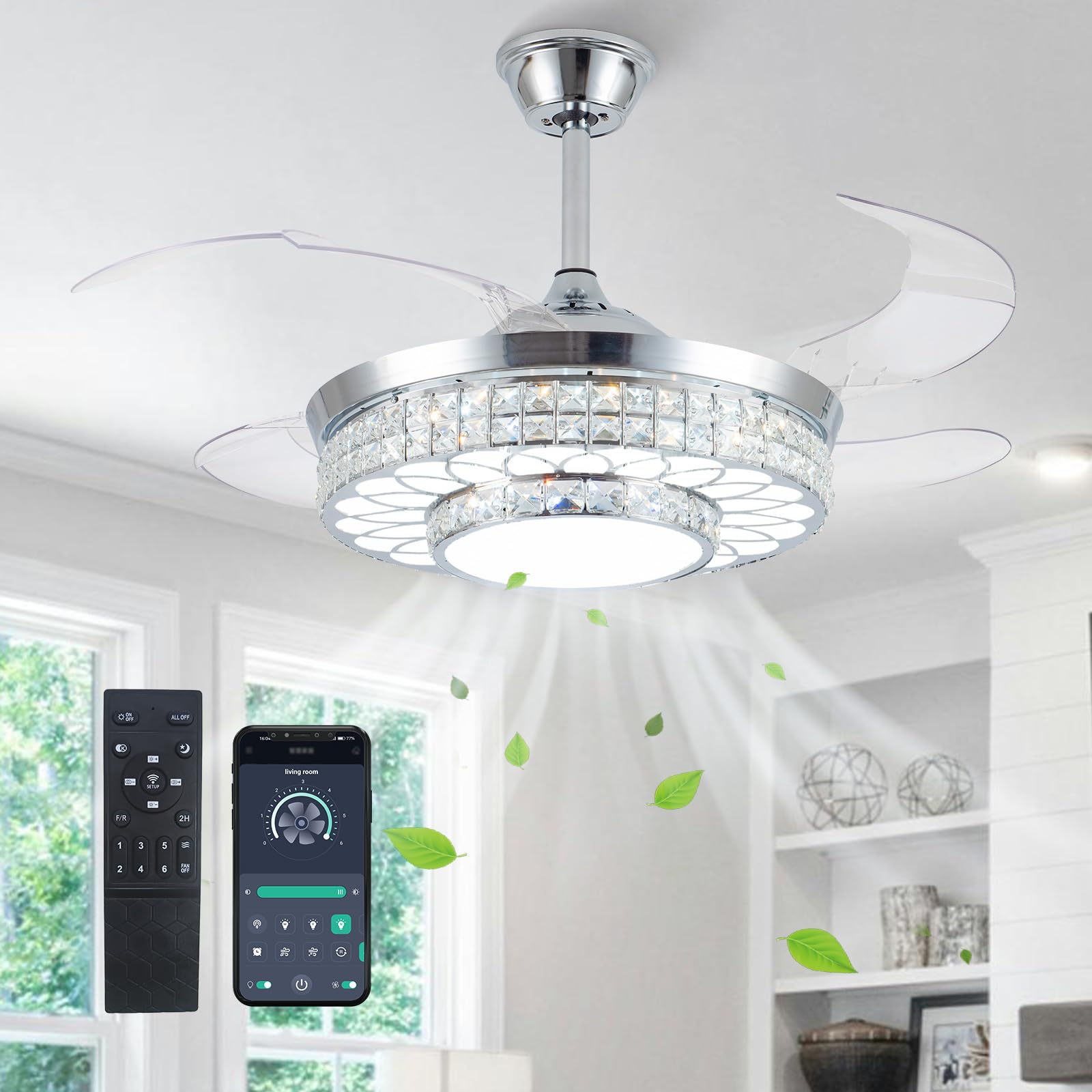SAMPHON 42" Retractable Ceiling Fans with Lights, Crystal Chandelier ...