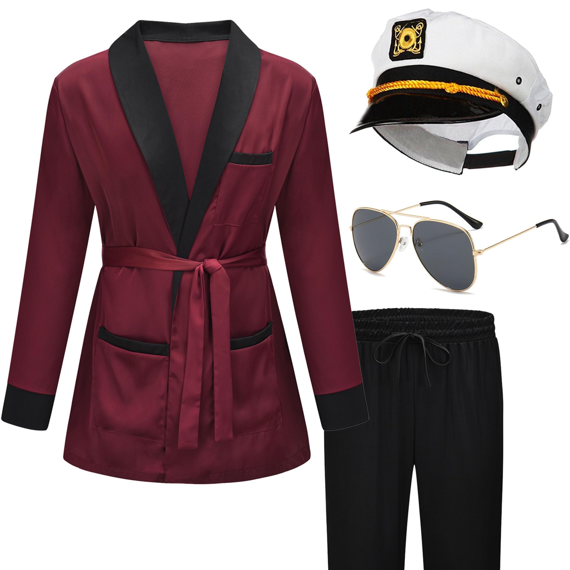 Mua EFORLED Red Silk Robe Jacket and Black Pants,Captain Hat,Halloween ...