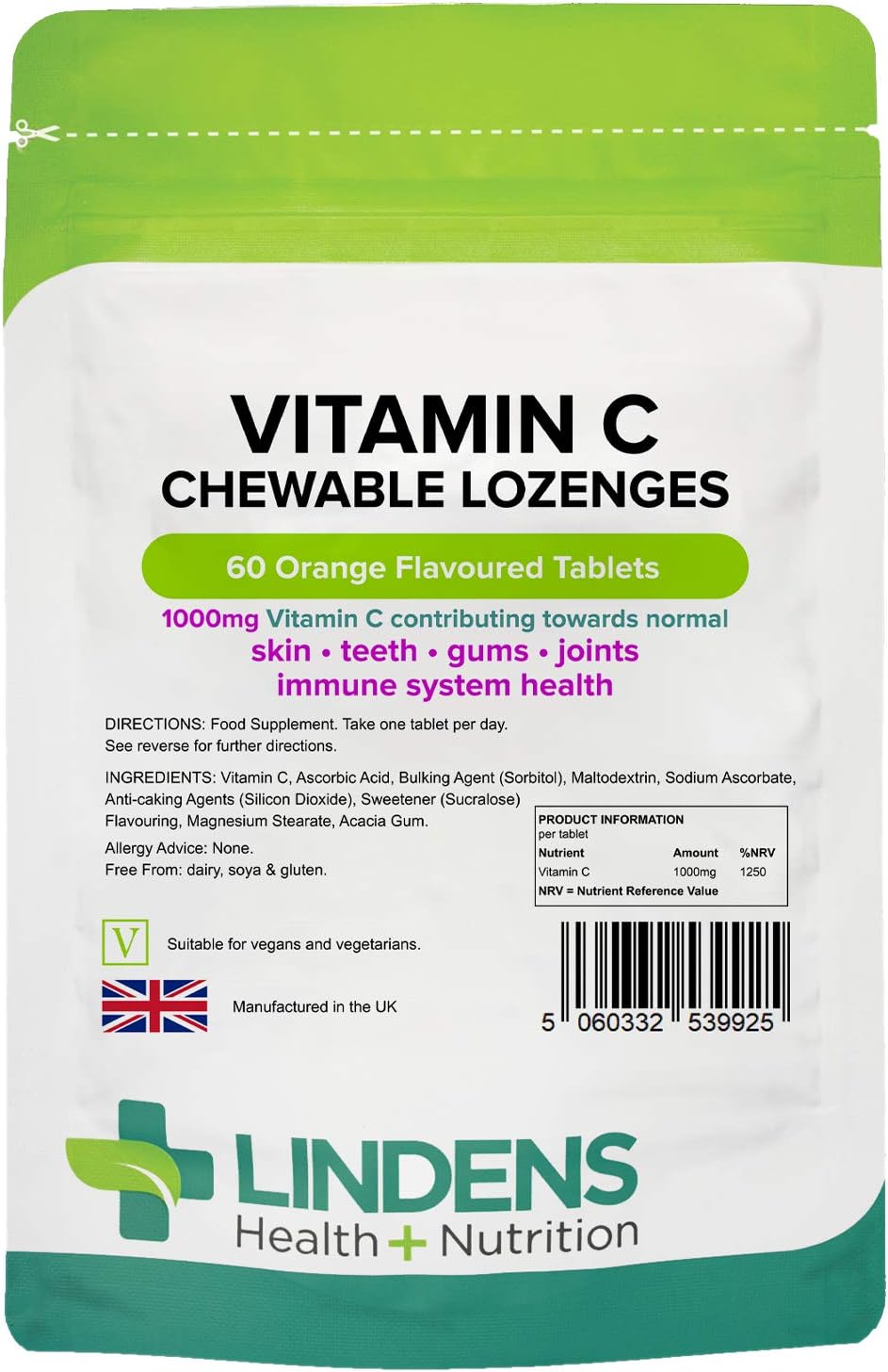 Lindens Vitamin C 1000mg Chewable Lozenges | 60 Pack | High-Strength ...