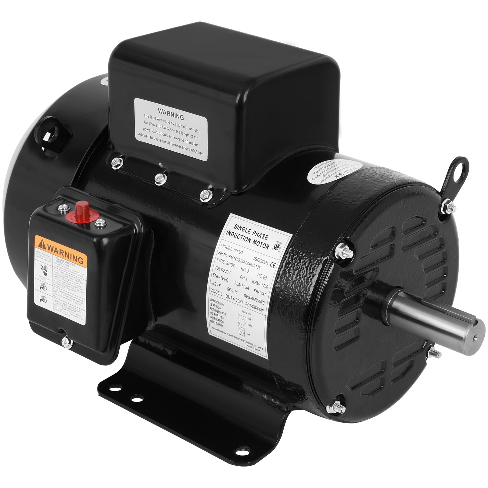 3HP Electric Motor 1750RPM Farm Duty Single Phase Motor 4 Pole 1-1/8 ...