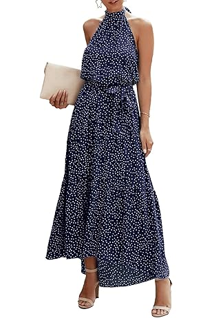 Womens Halter Neck Floral Backless Loose Ruffle Maxi Dress