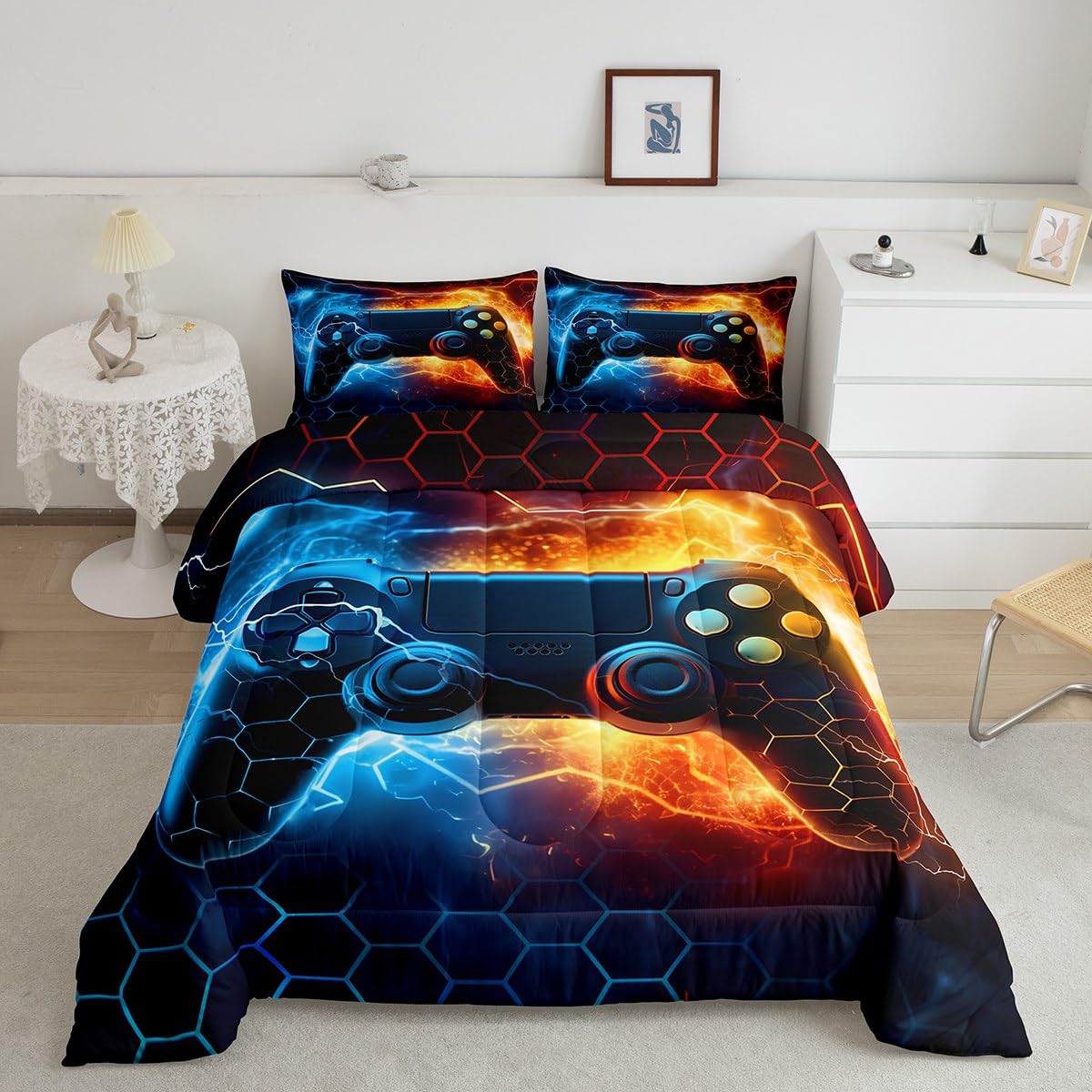 Boys Blue Red Gamer Comforter Set Full Size, Honeycomb Gaming Comforter ...