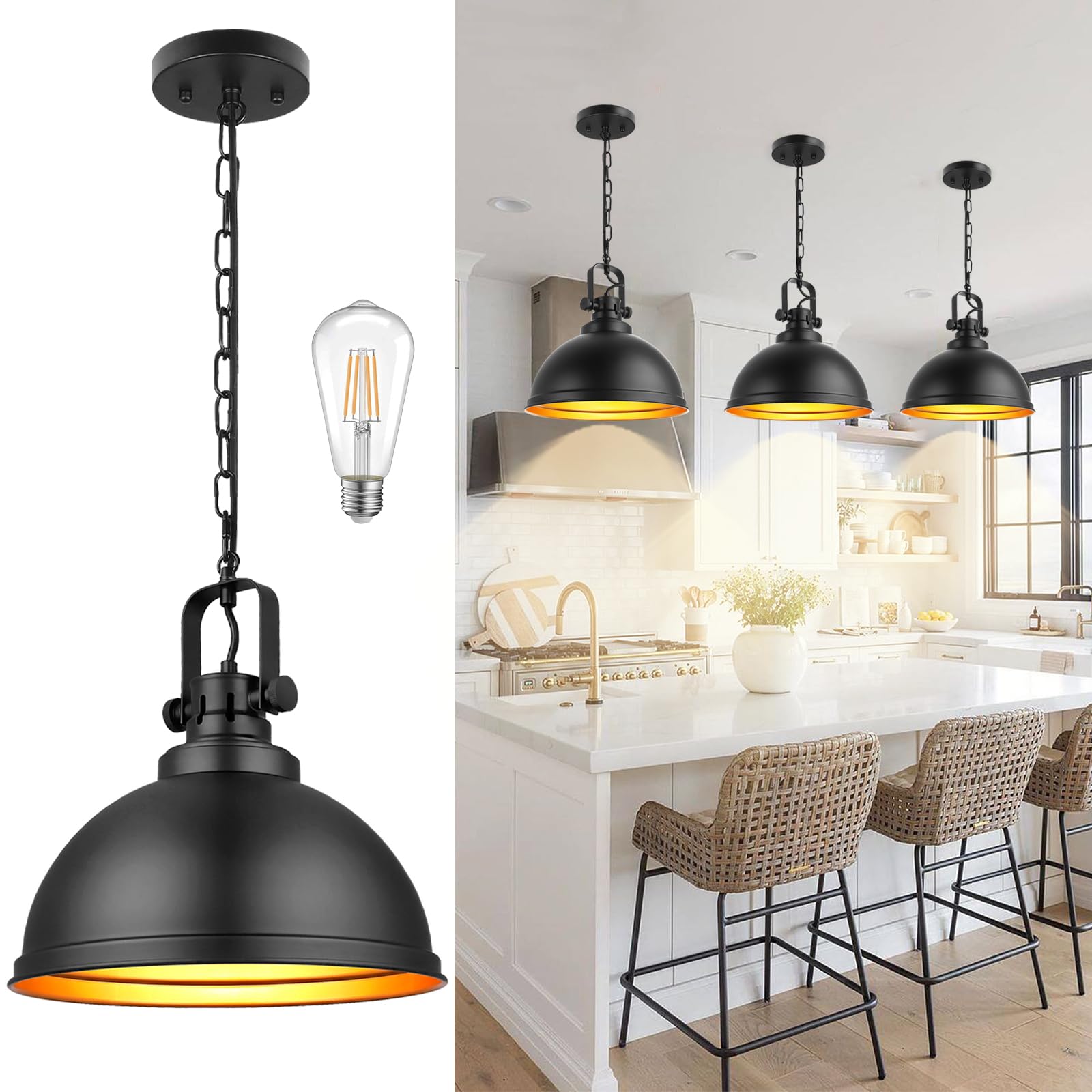 Mgcanyu Black Pendant Lights Kitchen Island, 11.8" Vintage Matte Black ...