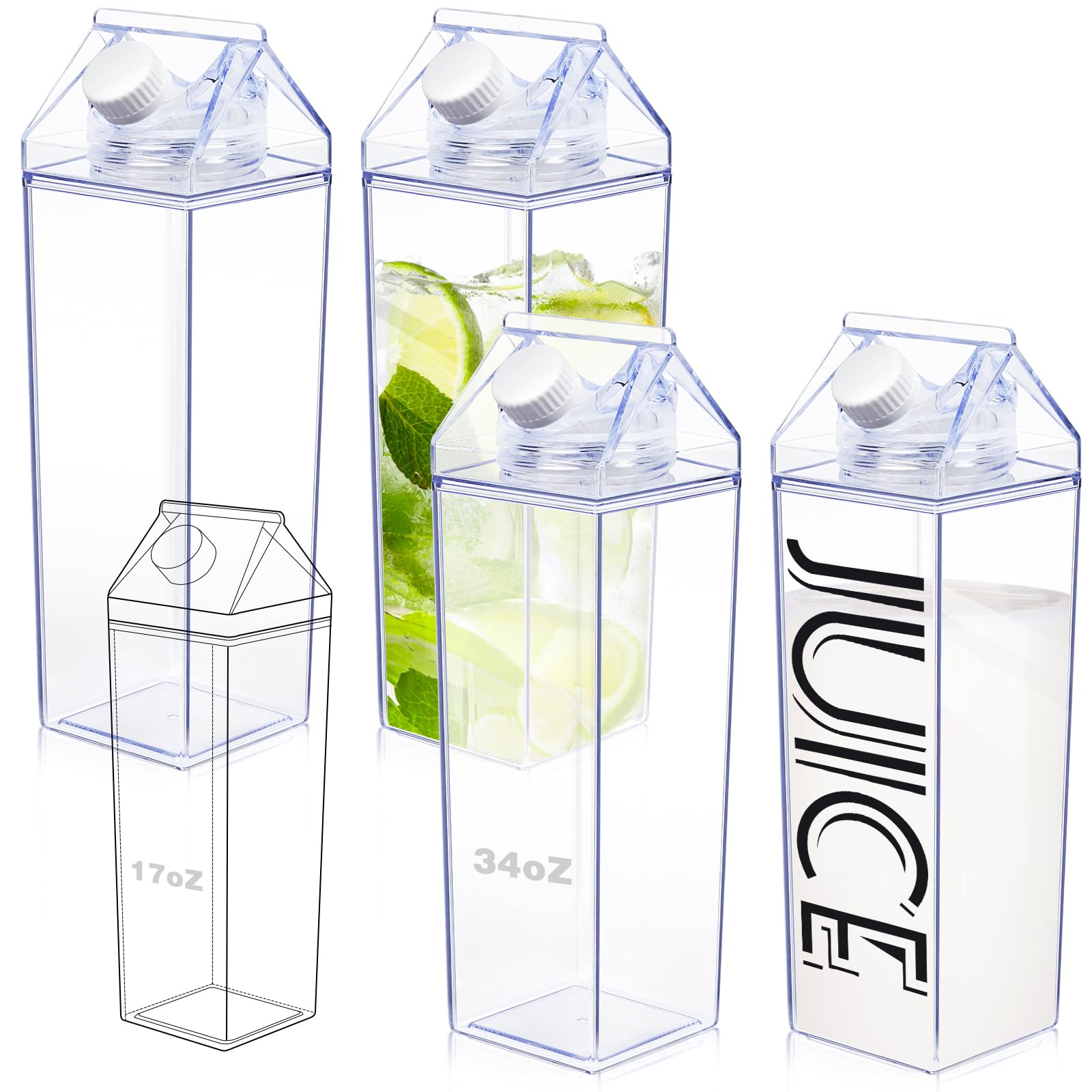 KALYLOC 4Pcs 34 Oz Milk Carton Water Bottle, Clear Plastic Square Milk ...